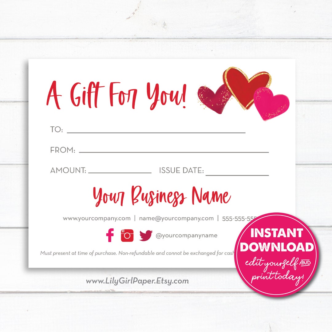 Editable Valentine's Business Gift Certificate Template, Instant ...