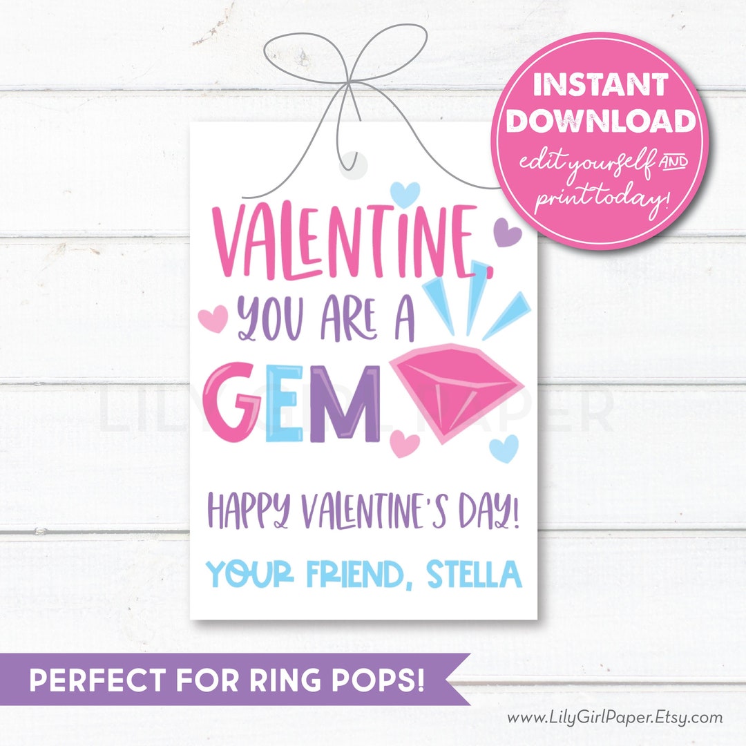Editable You Are A Gem Valentine Cards, Ring Pop Valentine's Tag, Class ...