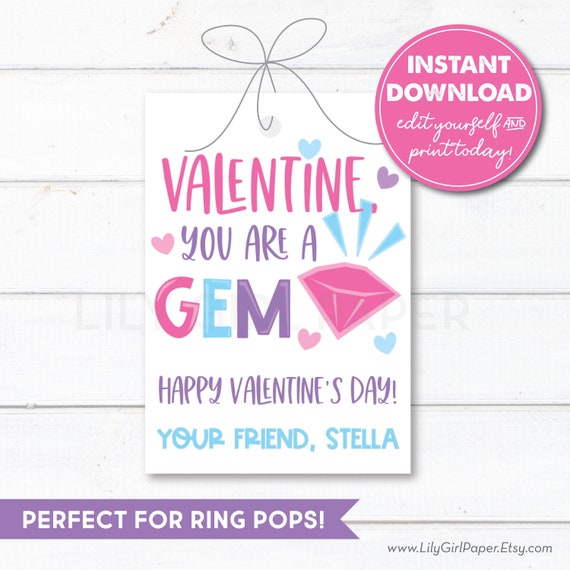 Editable You Are A Gem Valentine Cards, Ring Pop Valentine's Tag, Class ...