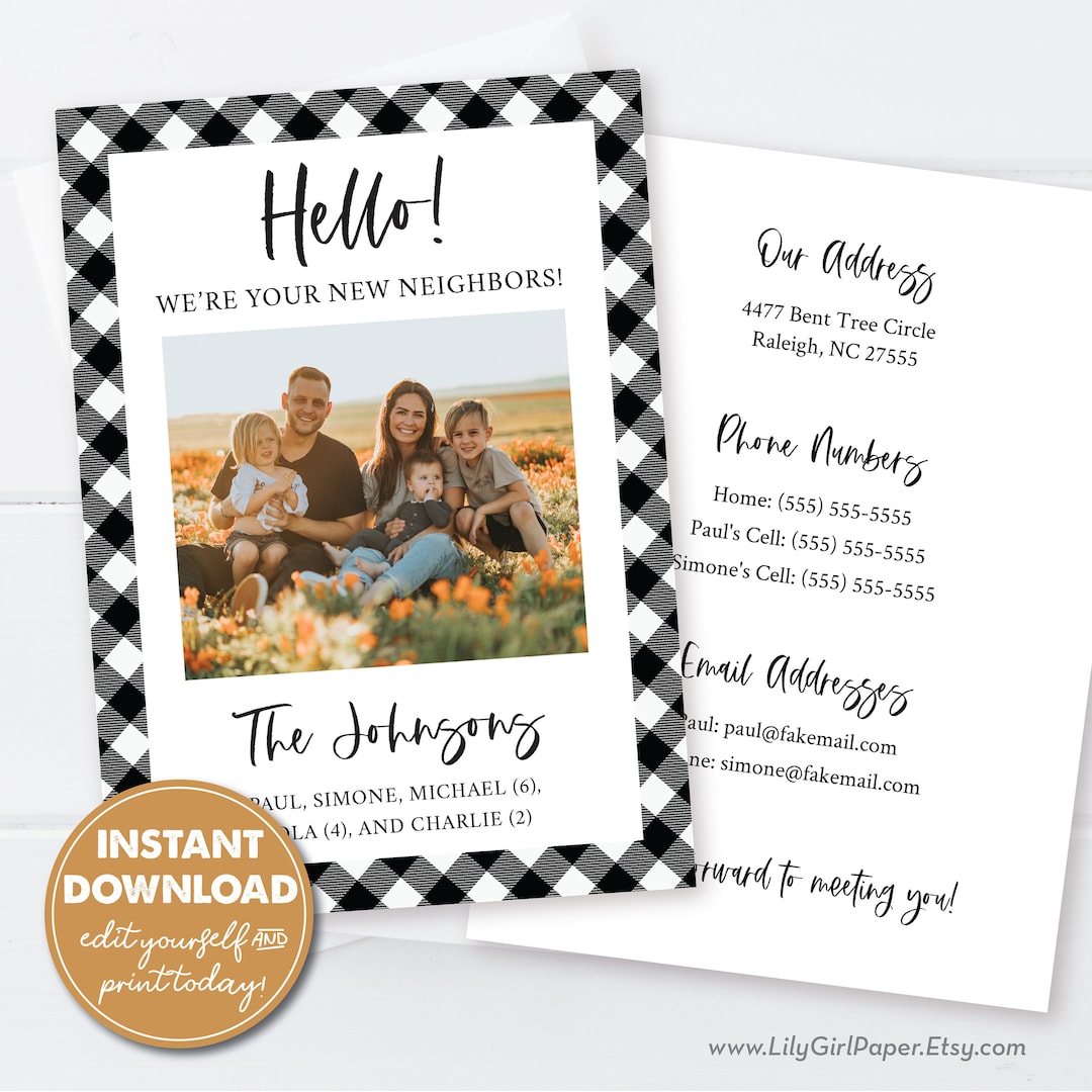 Editable We're Your New Neighbors Photo Card Template, Black Gingham ...