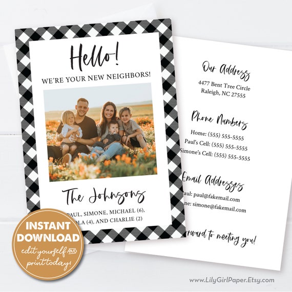 Editable We're Your New Neighbors Photo Card Template, Black Gingham ...