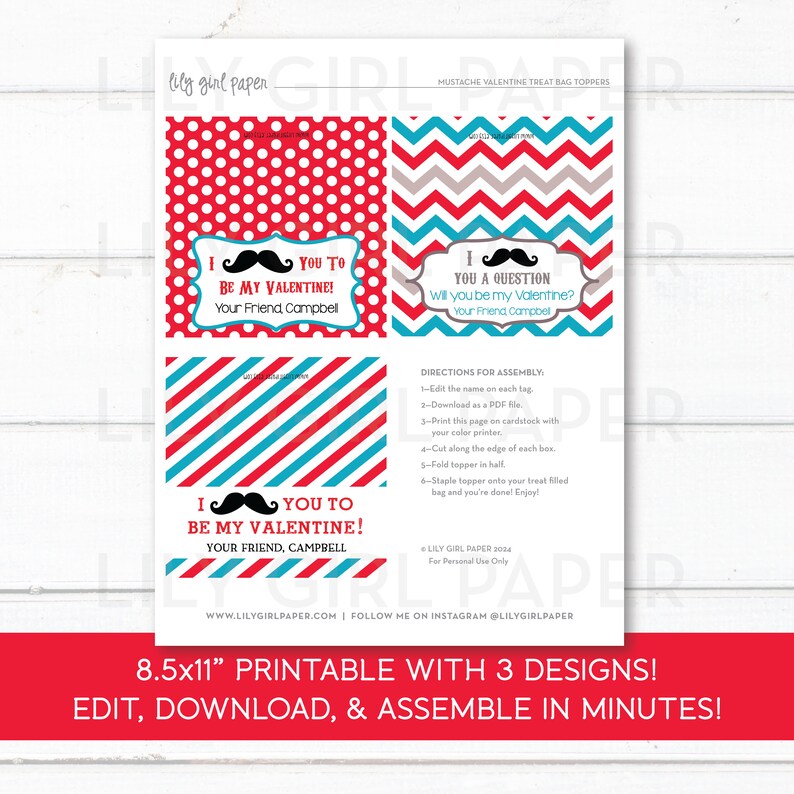 Editable Valentine Treat Bag Toppers, I Mustache You a Question, Class ...