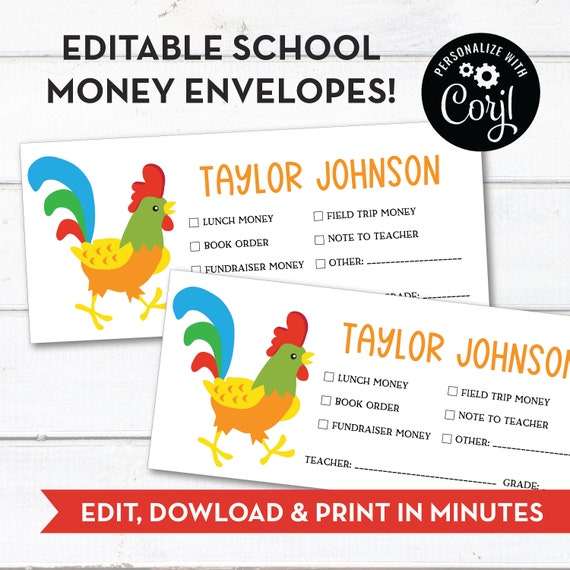 Editable Chicken/Rooster School Money and Note To Teacher Envelope ...