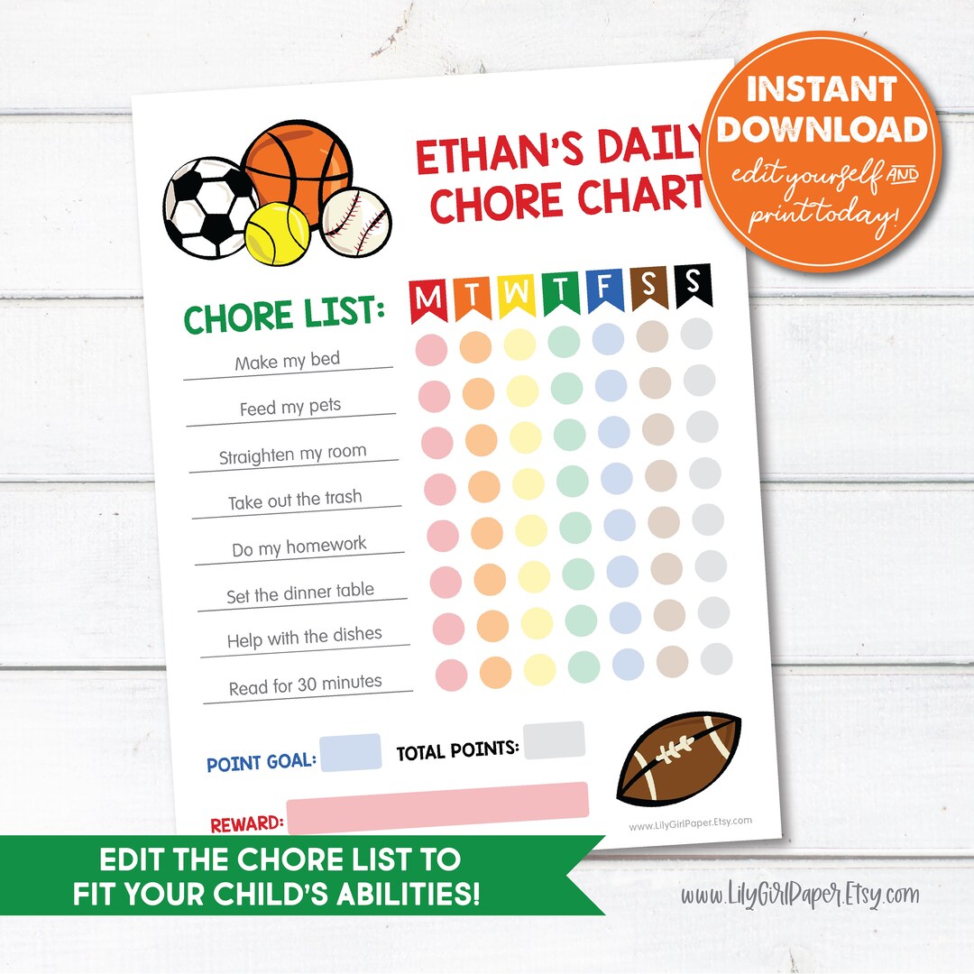 Editable Responsibility Task Checklist for Kids, Sports Reward Chart ...