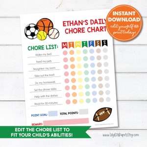 Editable Responsibility Task Checklist for Kids, Sports Reward Chart ...