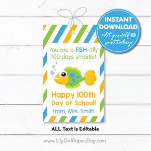 Editable 100th Day of School Goldfish Treat Bag Tag, Teacher Gift Tag ...