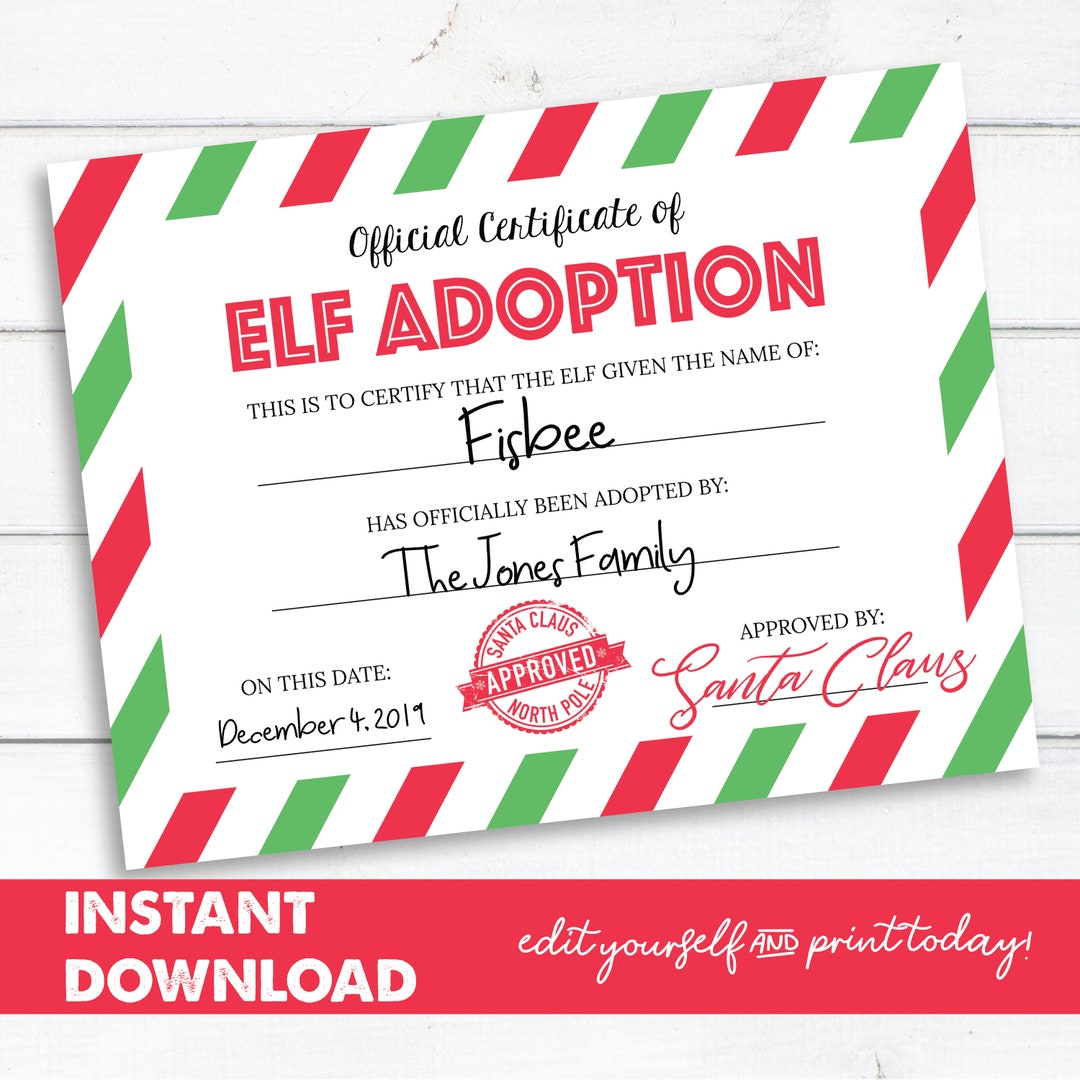 Editable Elf Adoption Certificate, Personalized Christmas Elf Letter ...
