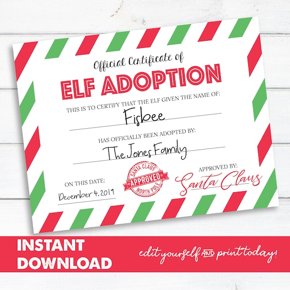 Editable Elf Adoption Certificate, Personalized Christmas Elf Letter ...