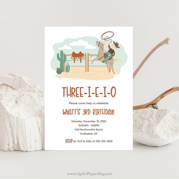 Three-i-e-i-o 3rd Birthday Party Invitation Template, Editable, Boy's ...