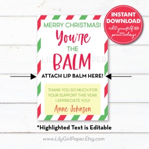 Editable You're the Balm Lip Balm Holder Cards, Christmas Gift ...
