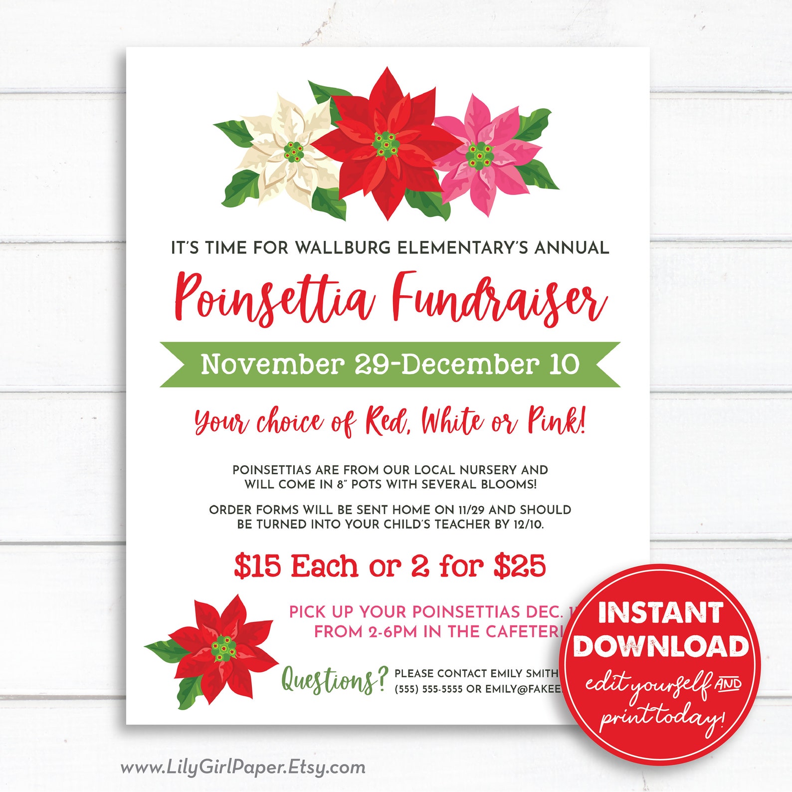 Editable Poinsettia Fundraiser Flyer Template 8.5x11 PTA/PTO - Etsy