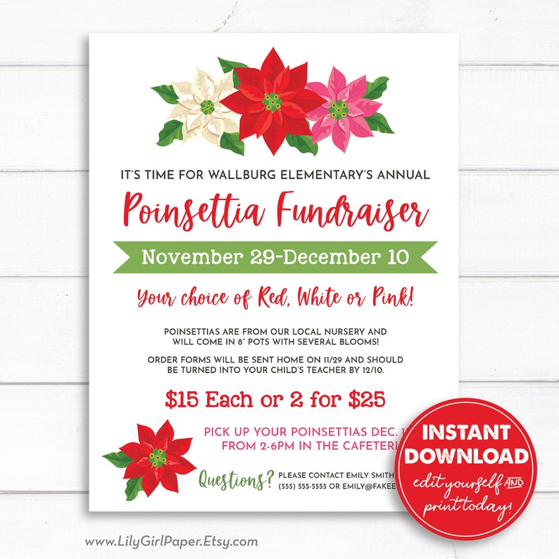 Editable Poinsettia Fundraiser Flyer Template 8.5x11 PTA/PTO - Etsy