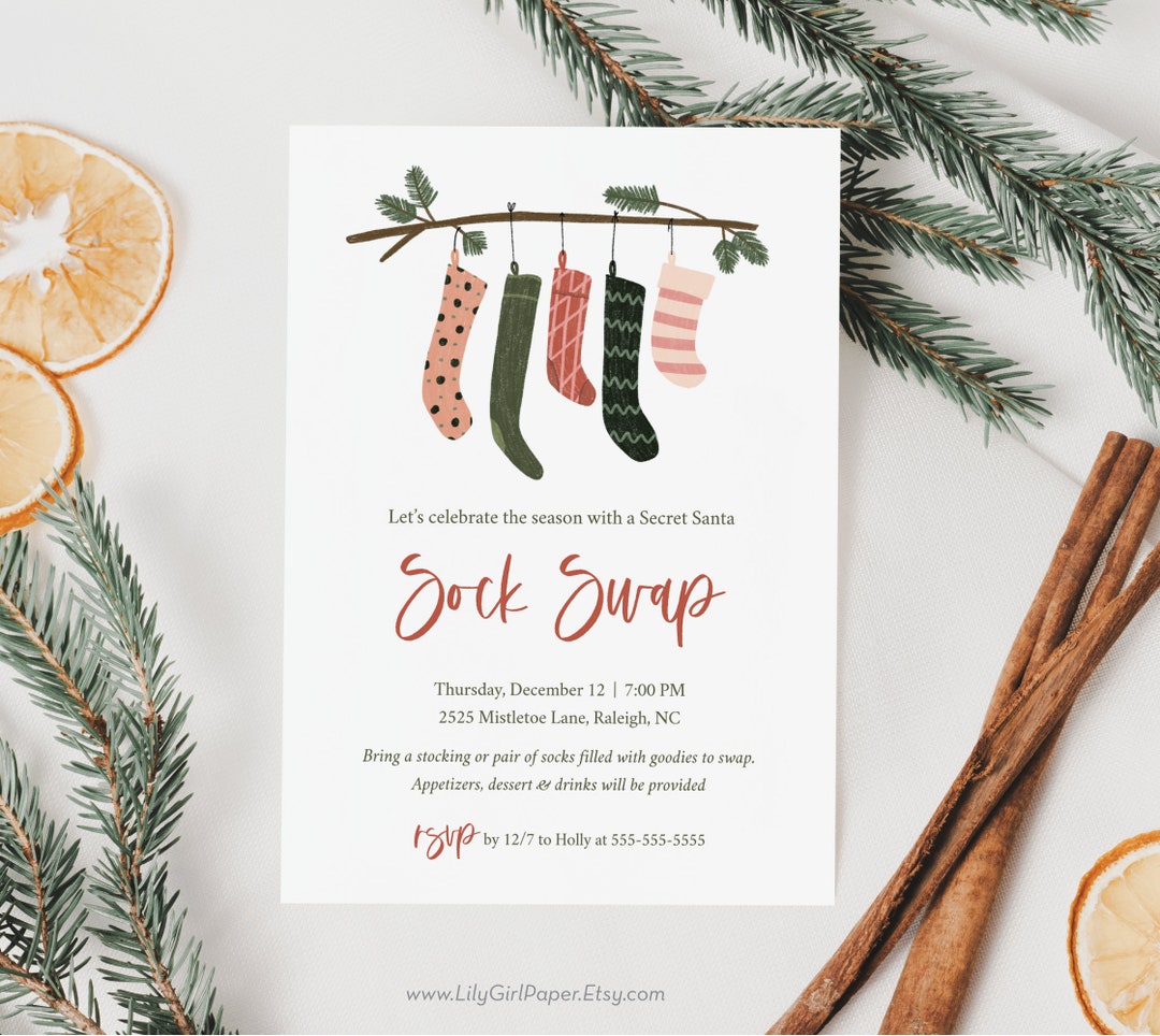 Secret Santa Sock Swap Editable Party Invitation Template, Instant ...