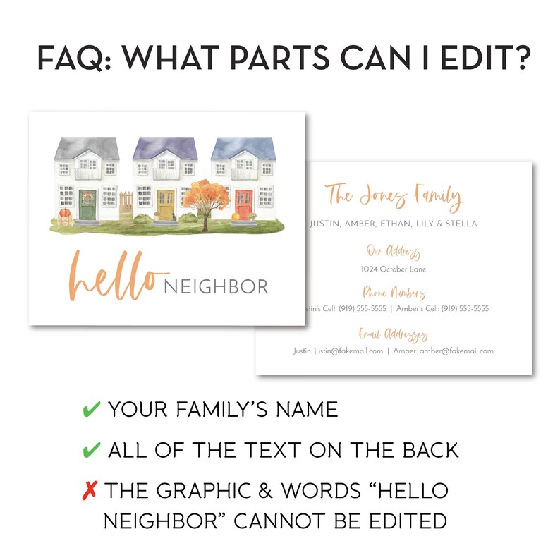 Editable Hello Neighbor Contact Information Cards Instant | Etsy