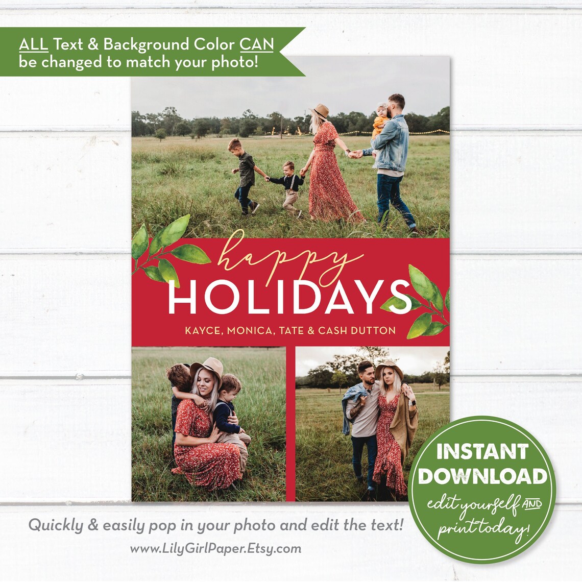 Editable Happy Holidays 3 Photo Holiday Card Template - Etsy