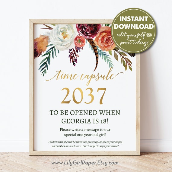 Editable 1st Birthday Party Time Capsule Sign, Girl's First Birthday ...