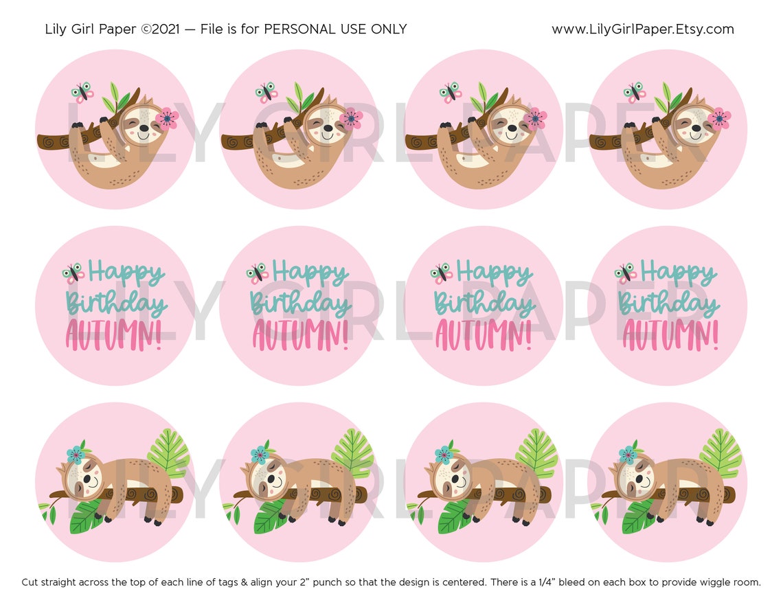 Editable Sloth Birthday Party Cupcake Toppers Stickers Favor | Etsy
