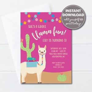 Editable Llama Birthday Party Invitation Template, Tween Girl Birthday ...