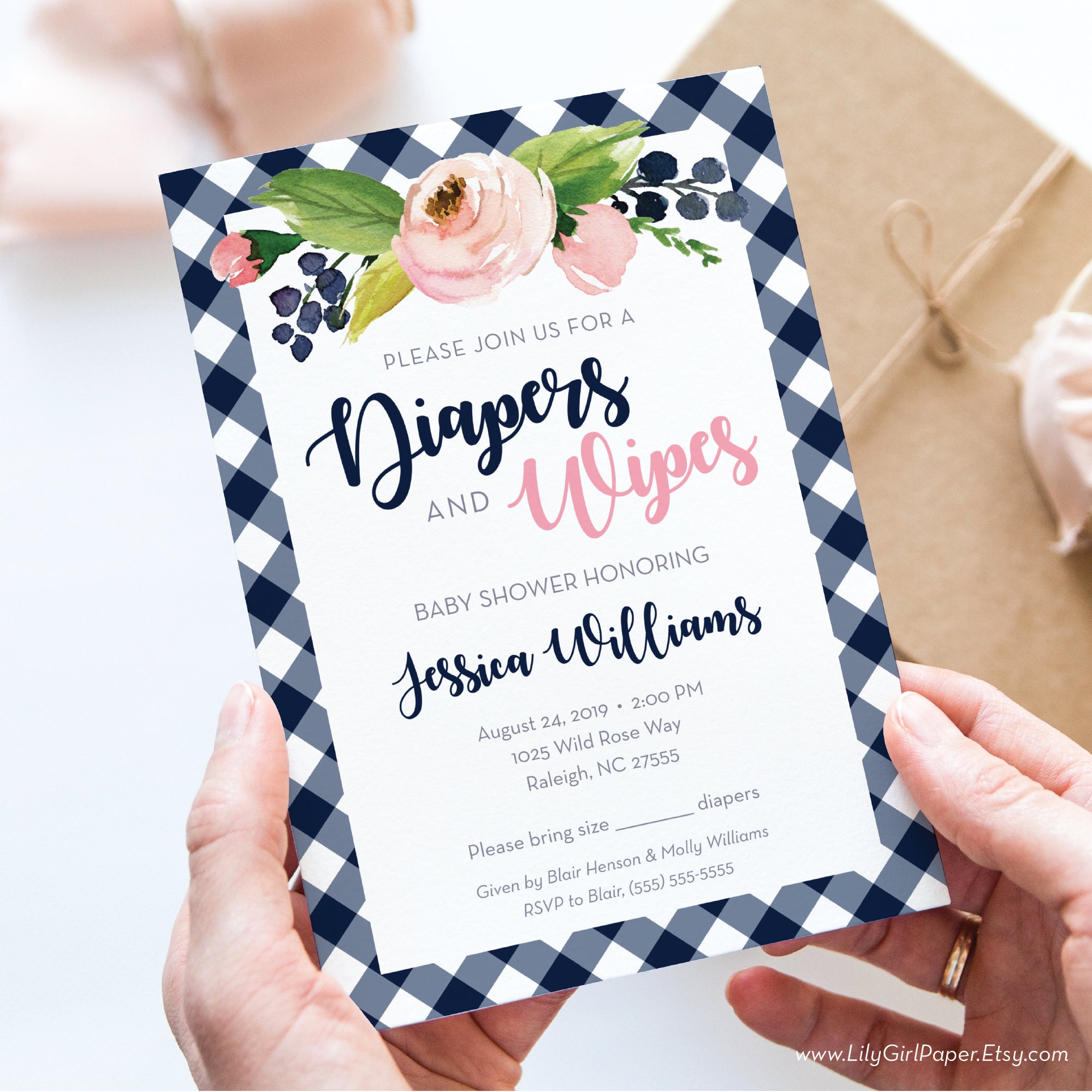 Editable Diaper and Wipes Baby Shower Invitation Template, Pink & Navy ...