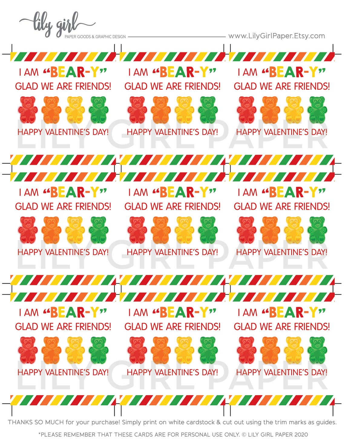 Gummy Bear Valentine Cards_SMALL Version Beary Glad We Are | Etsy