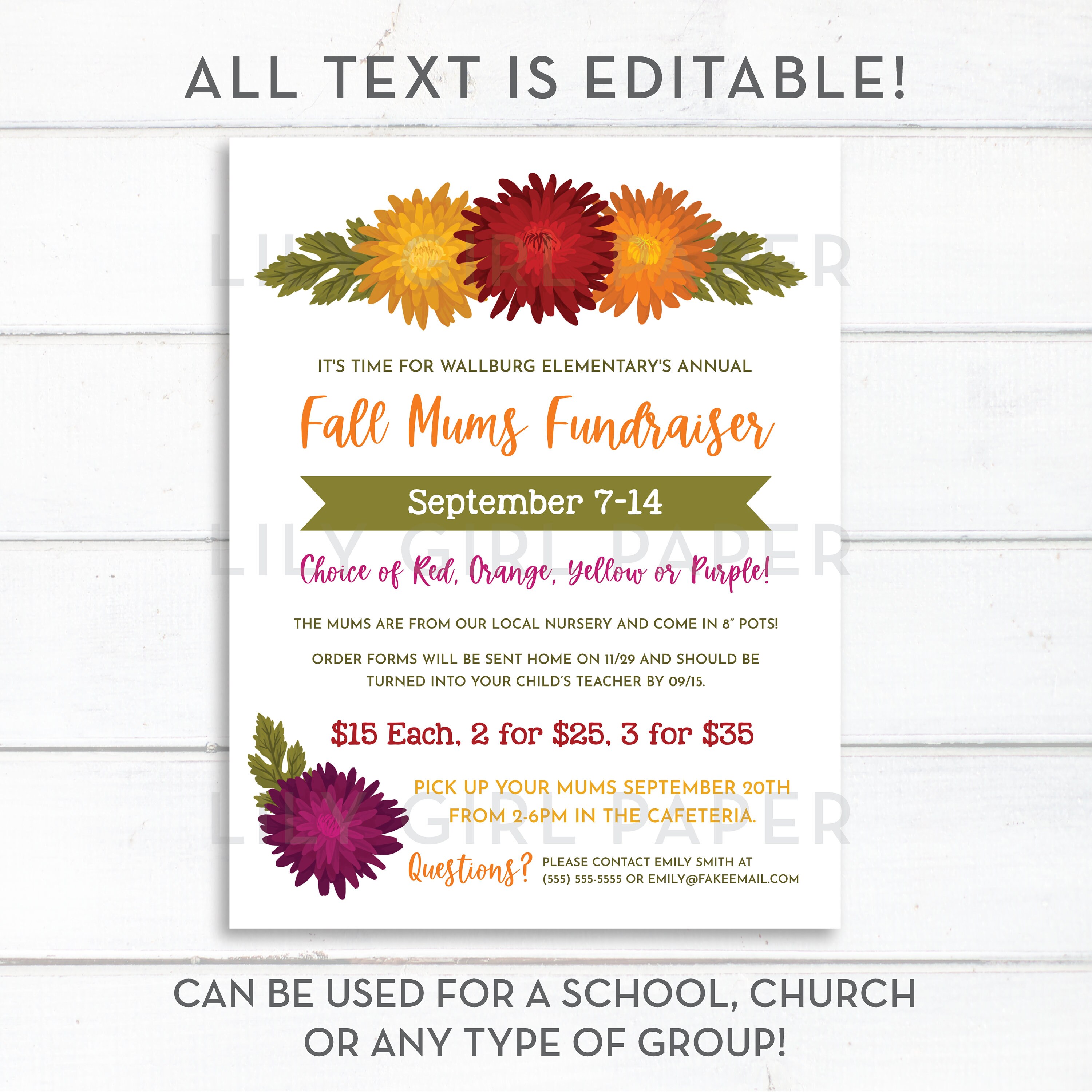 Fall Mums Fundraiser Flyer Template: Editable PTA/PTO Event, 8.5x11 ...