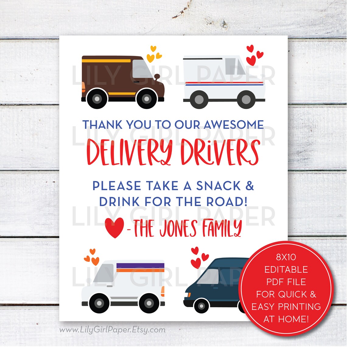 Editable Delivery Driver Snack and Drink Sign, Mail Carrier, Packages ...