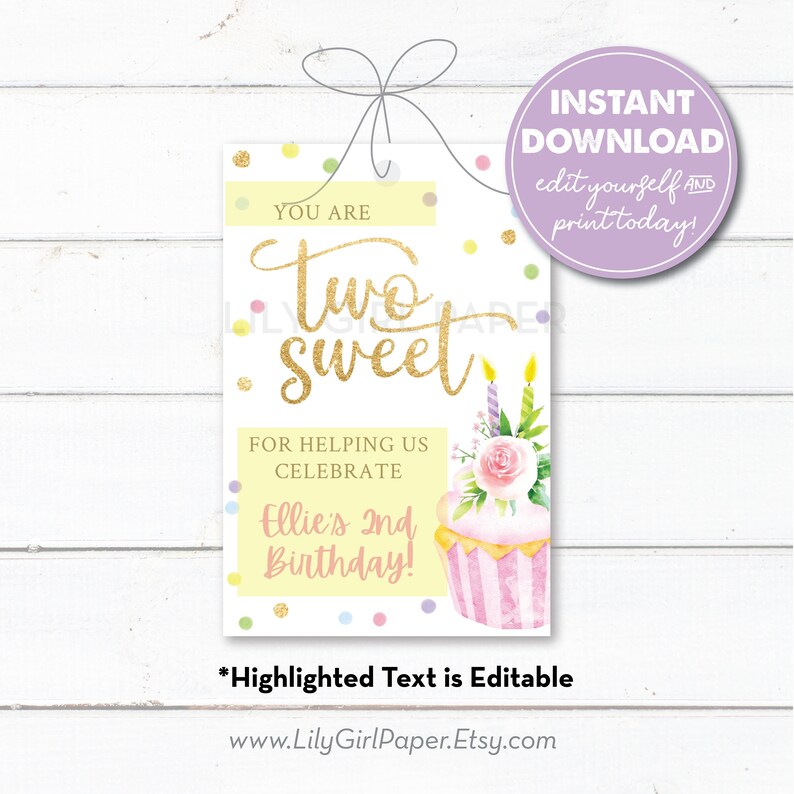 Editable Two Sweet Girl's 2nd Birthday Party Favor Tags - Etsy