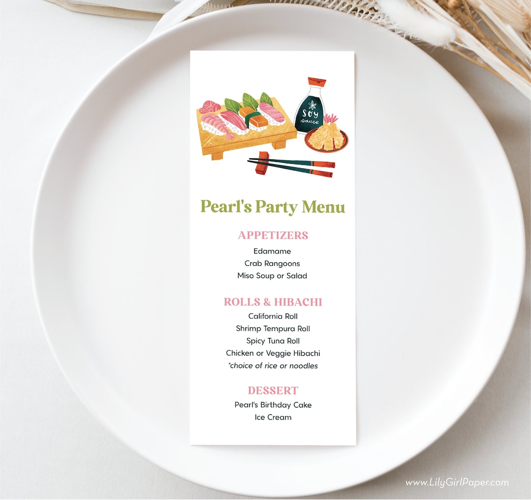Editable Sushi Birthday Party Menu Template, Hibachi, Sushi Dinner ...