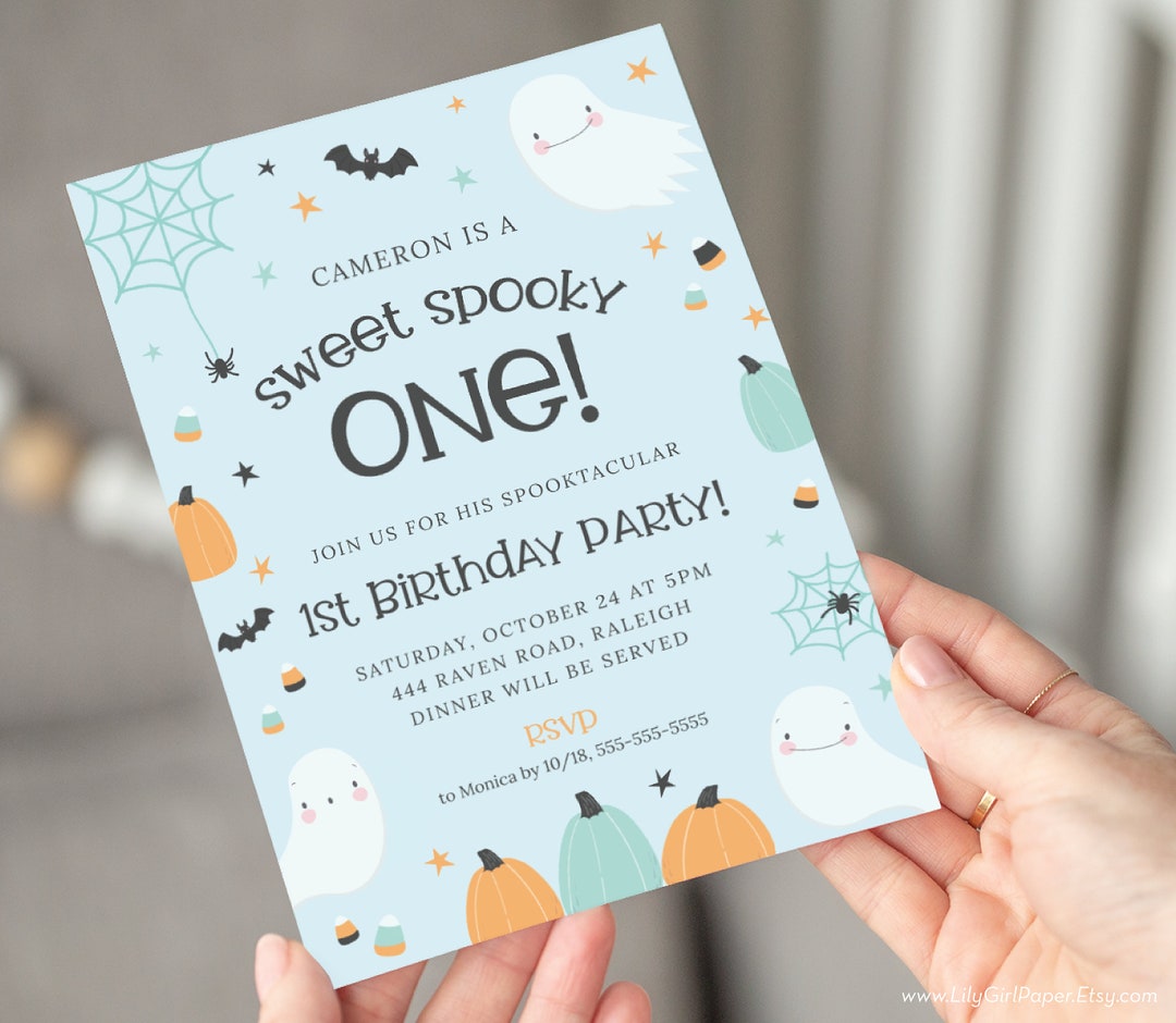 Sweet Spooky One, Boy's 1st Birthday Party Invitation, Blue Halloween ...