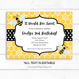 Editable Bumble Bee Birthday Party Invitation, It Would Bee Sweet ...