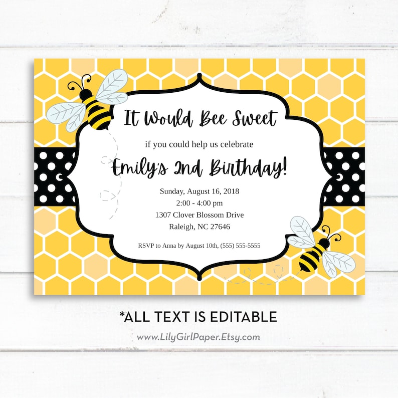 Editable Bumble Bee Birthday Party Invitation, It Would Bee Sweet ...