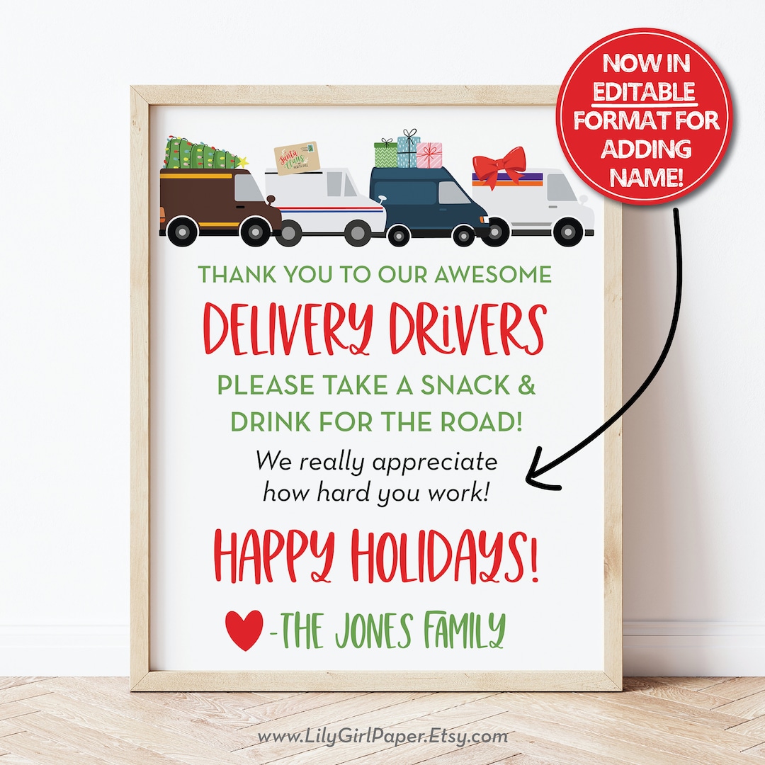 Editable Christmas Holiday Delivery Driver Snack & Drink Sign, Mail ...