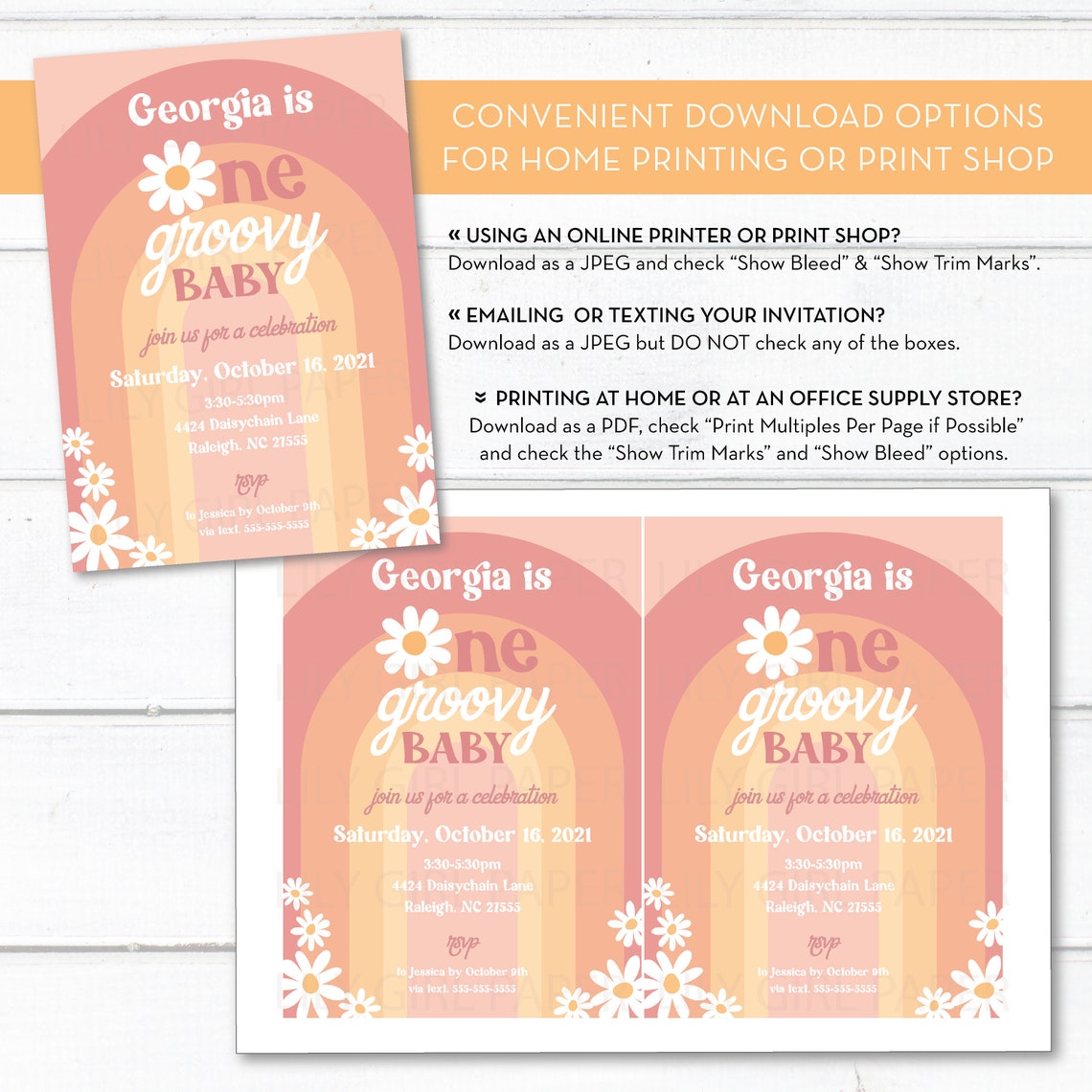 Editable Girl's 1st Birthday One Groovy Baby Daisy Party Invitation ...