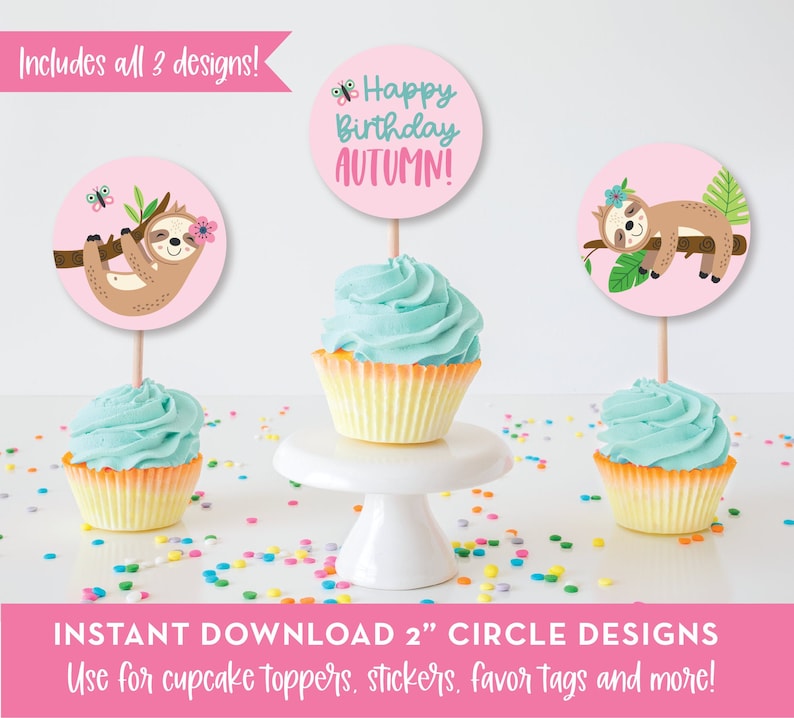 Editable Sloth Birthday Party Cupcake Toppers Stickers Favor | Etsy