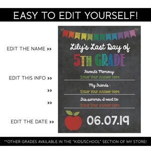Editable Last Day of 5th Grade Sign Instant Download - Etsy Canada