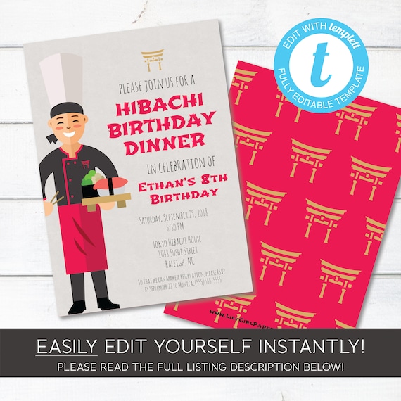 Editable Hibachi Birthday Dinner Party Invitation, Instant Download ...