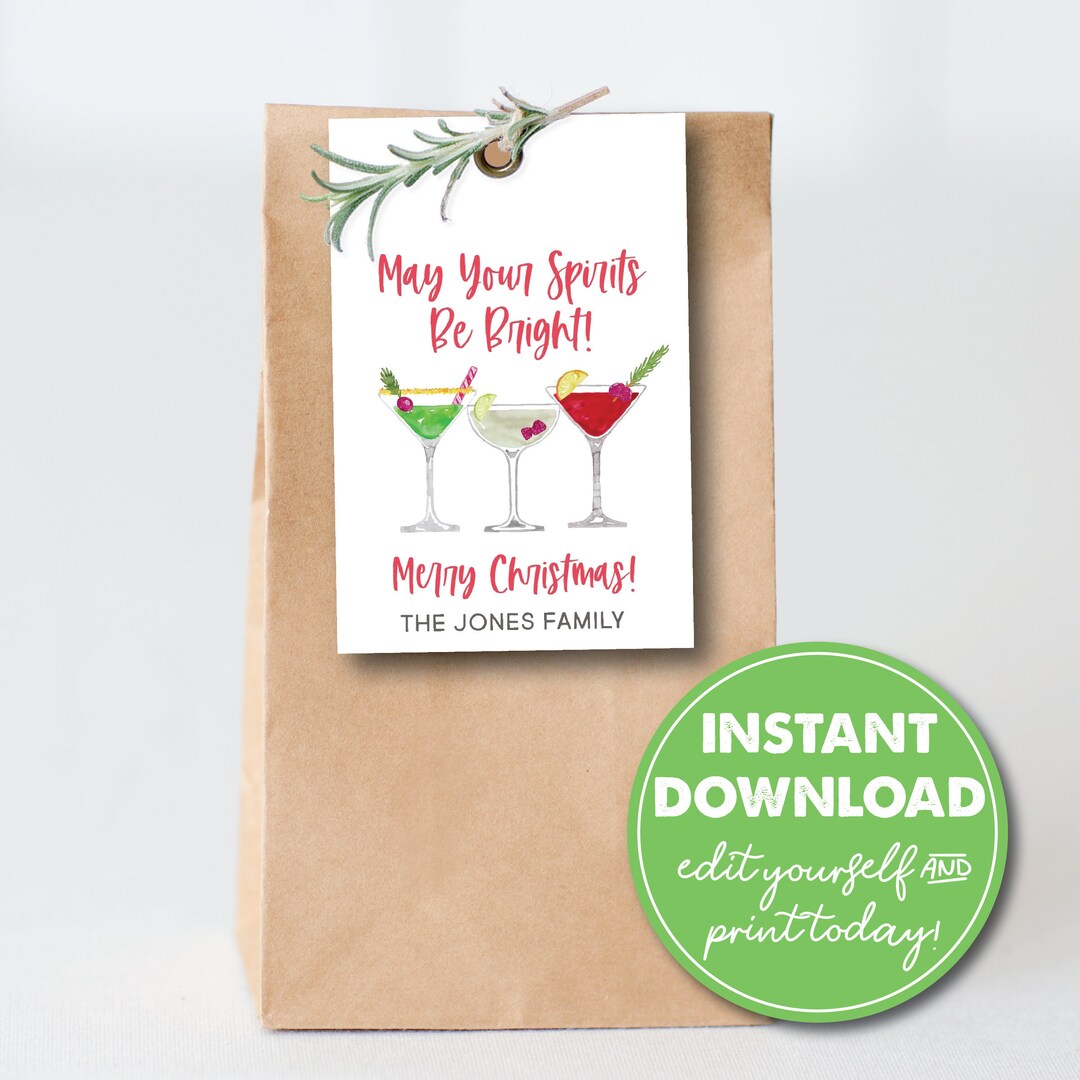 Editable Christmas Cocktails Party Favor, Gift Tag, Making Spirits ...