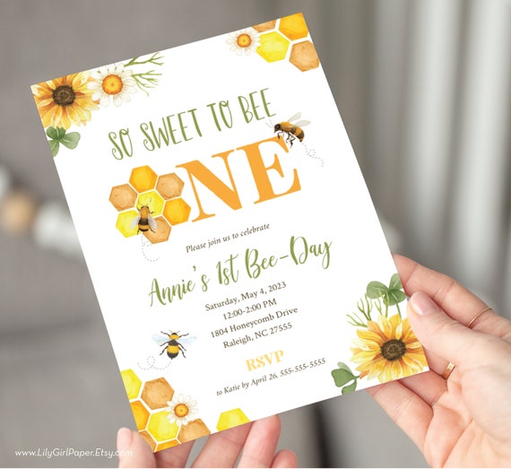 Editable 1st Bee-day Birthday Party Invitation, Bumble Bee theme, So ...