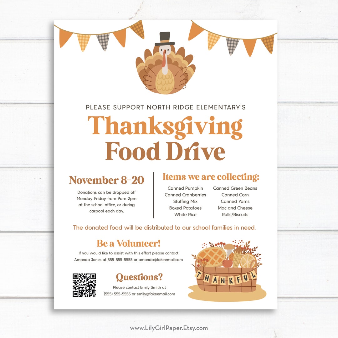 Editable Thanksgiving Food Drive Flyer Template, 8.5x11 PTA/PTO Flyer ...