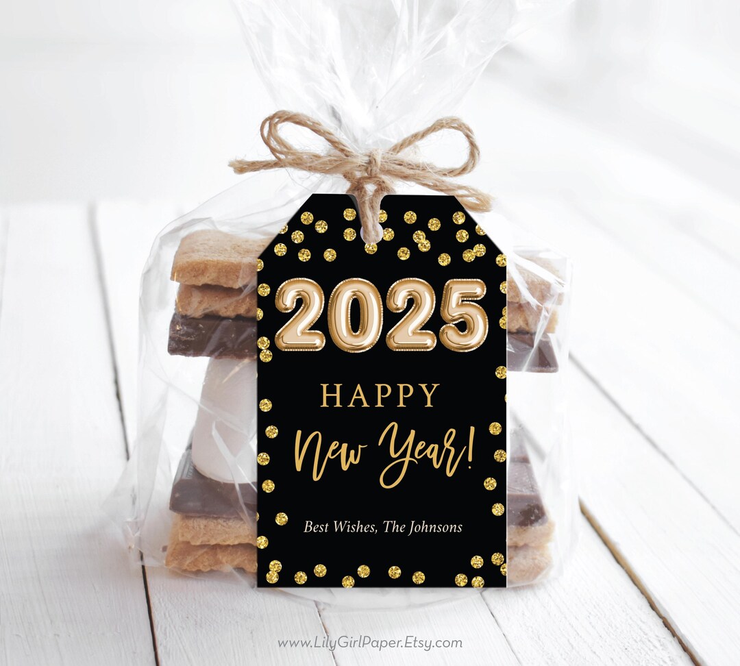 Editable Happy New Year Party Favor, Gift Tag, 2025 New Year's Party ...