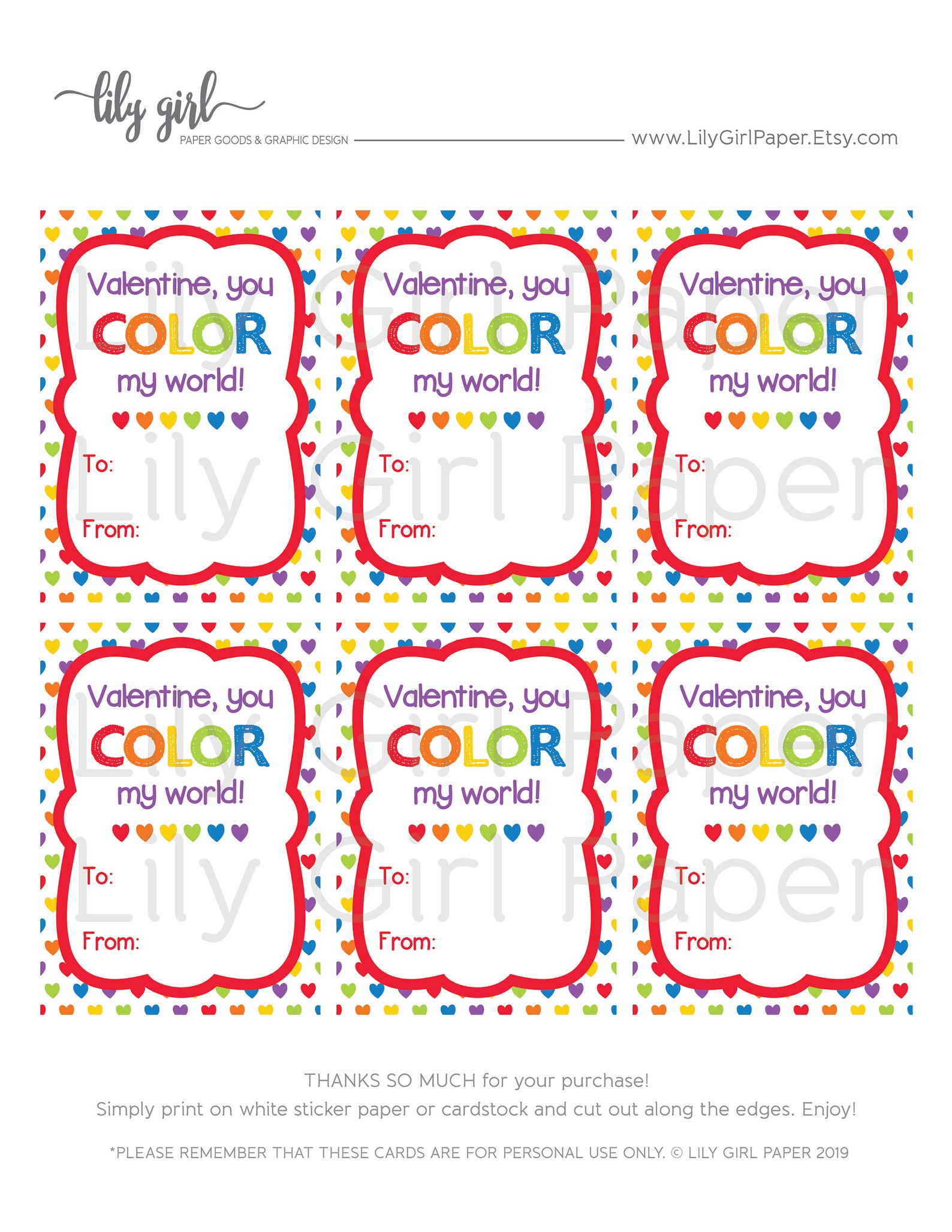 Valentine's Cards INSTANT DOWNLOAD You Color My World - Etsy