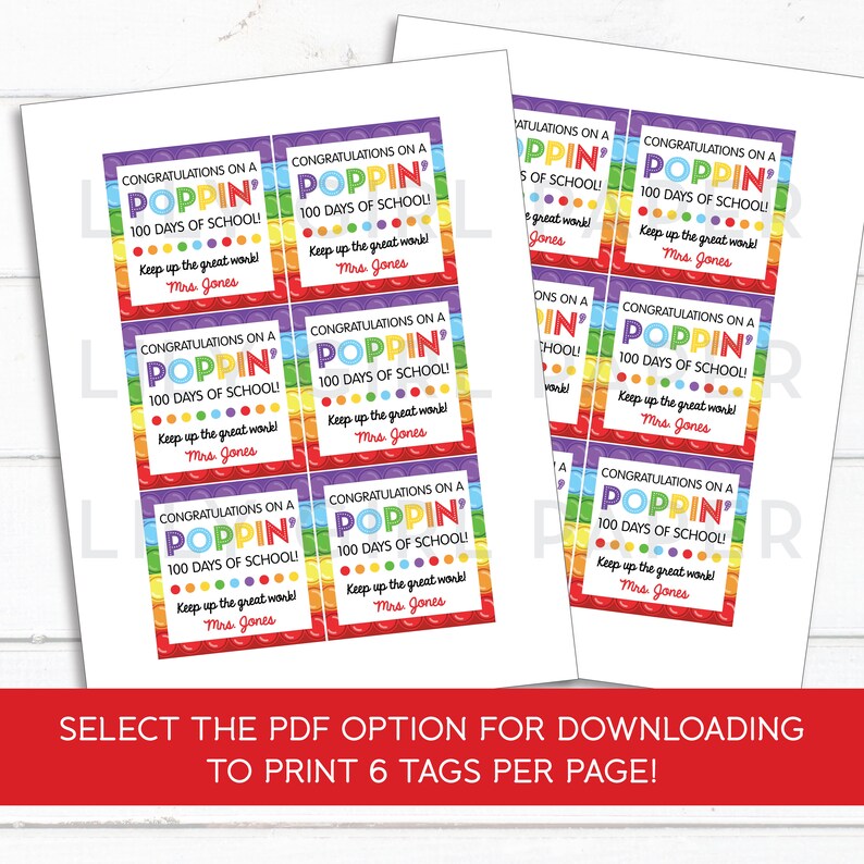 Editable Pop It 100 Days of School Tag, Poppin' 100 Days Card, Gift ...