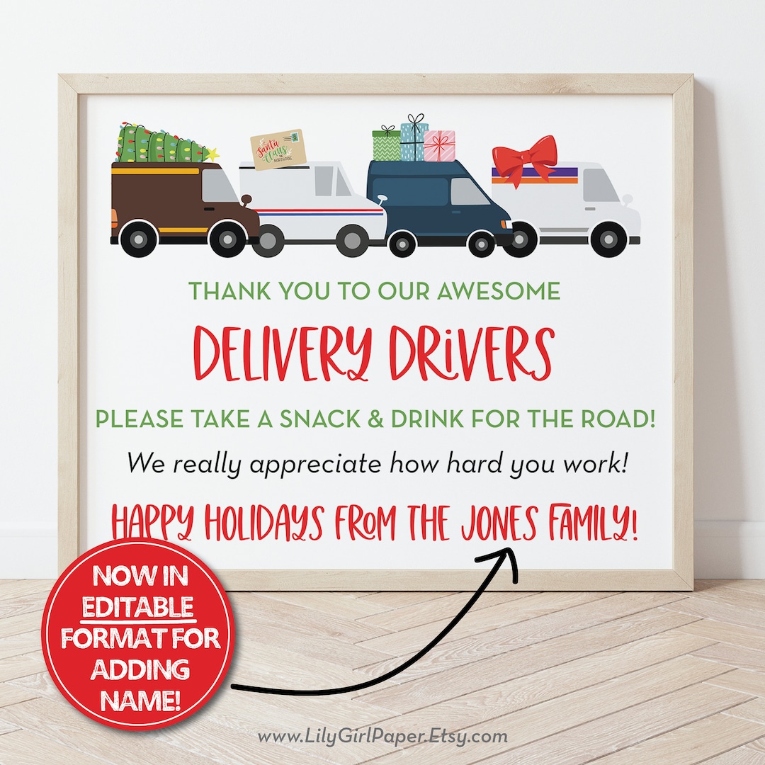 Editable Holiday, Christmas Delivery Driver Snack & Drink Sign, Mail ...