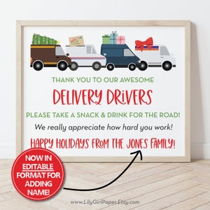 Editable Holiday, Christmas Delivery Driver Snack & Drink Sign, Mail ...