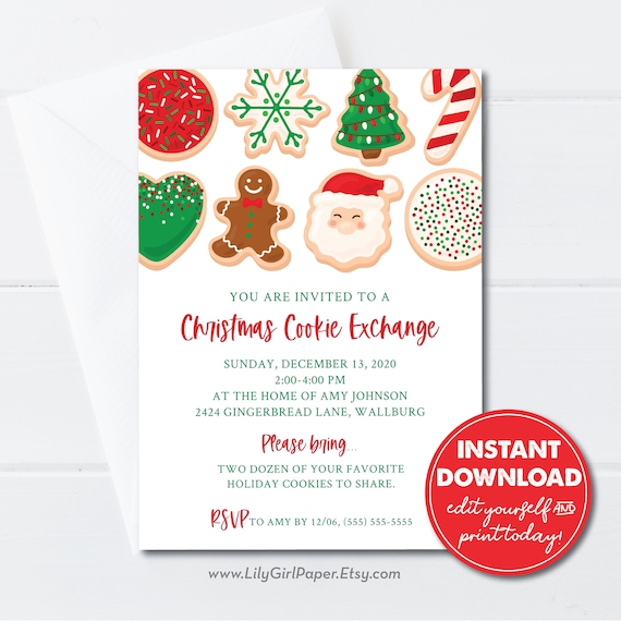Editable Cookie Exchange Christmas Party invitation Template, Instant ...