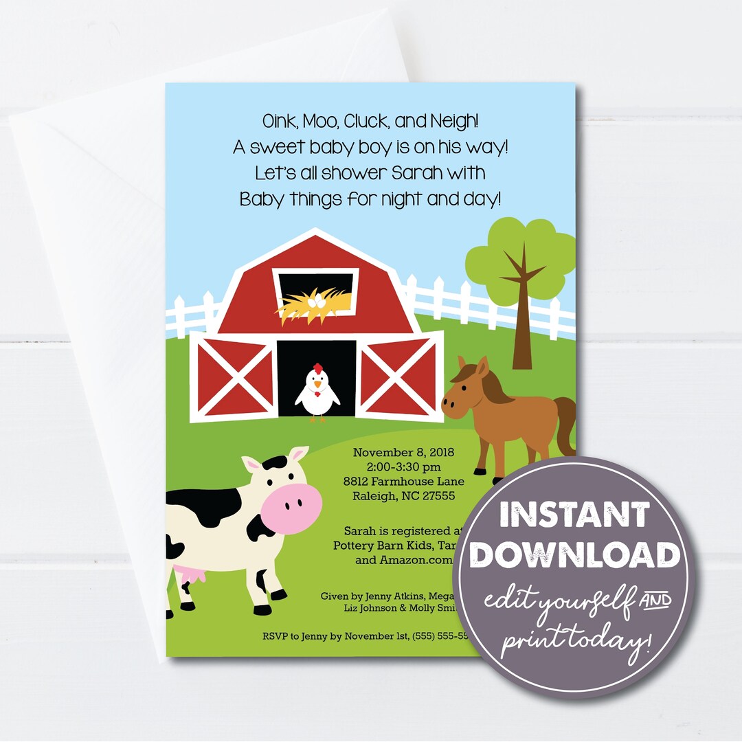 Editable Farm Animal Baby Shower Invitation Template, Barnyard Baby ...