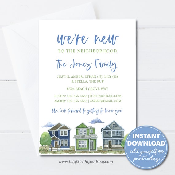 Editable We're New to the Neighborhood cards, Spring/Summer, Beachy ...