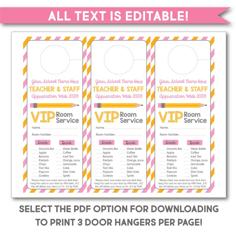 Editable Teacher & Staff Appreciation Week Printable, Room Service Door ...