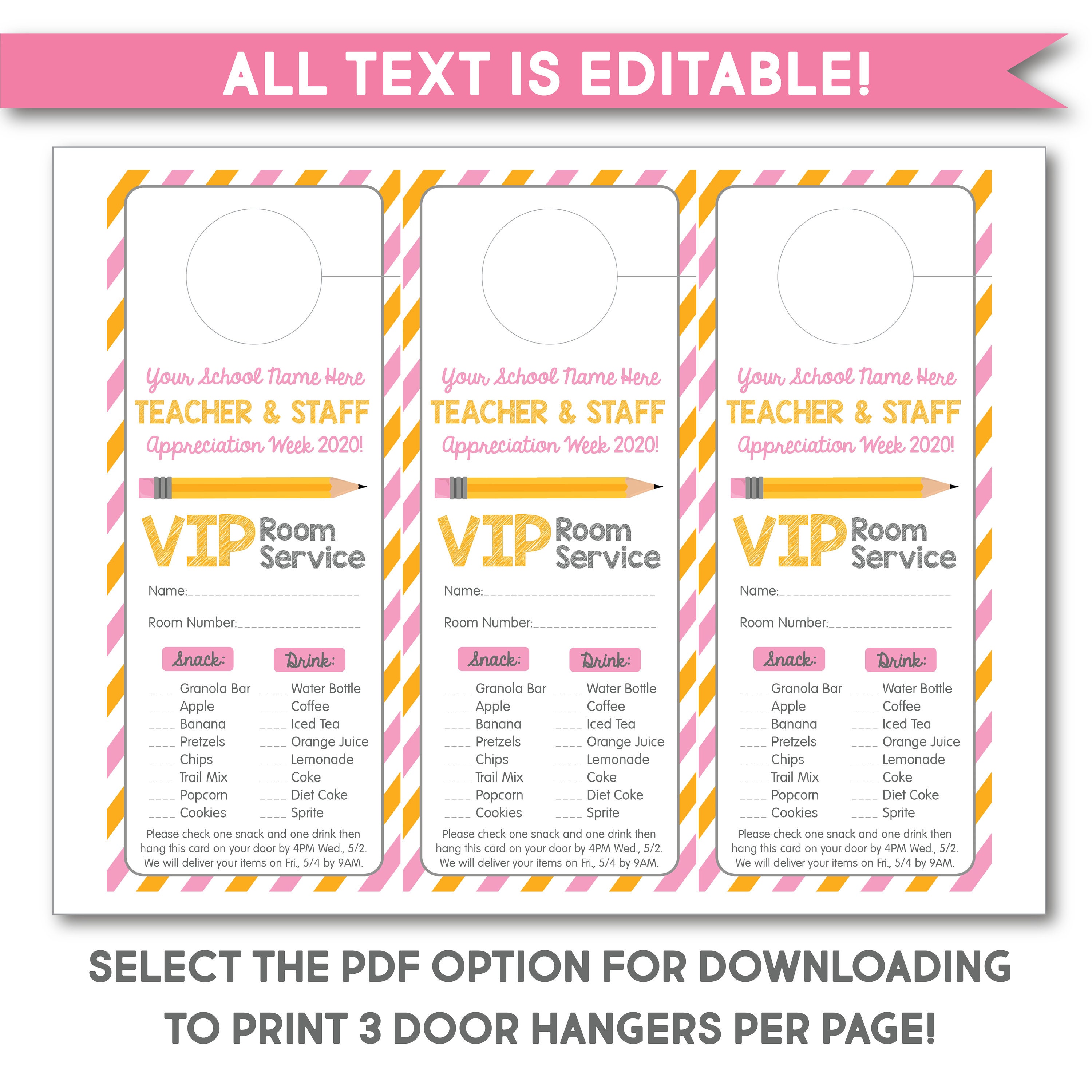 Editable Teacher & Staff Appreciation Week Printable, Room Service Door ...