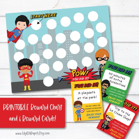PRINTABLE and Reusable Superhero Boys Reward Chart and Reward Cards ...